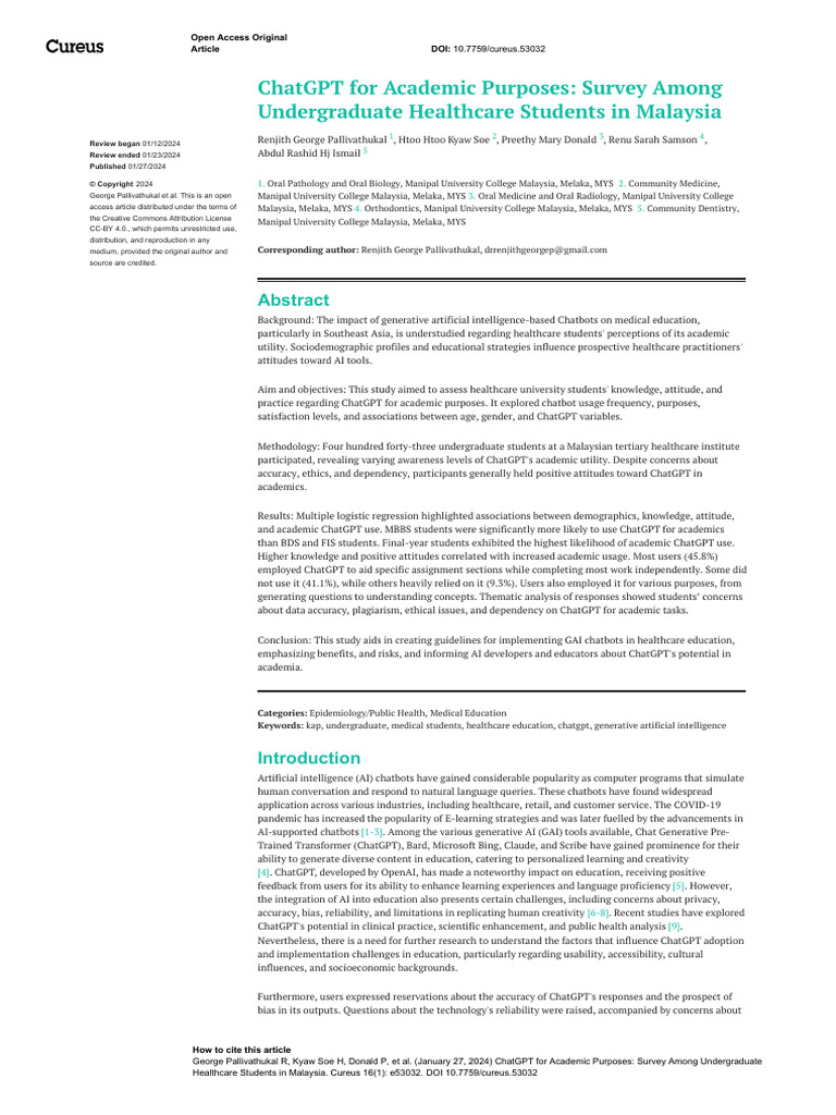 ChatGPT For Academic Purposes - Survey Among Undergraduate Healthcare ...