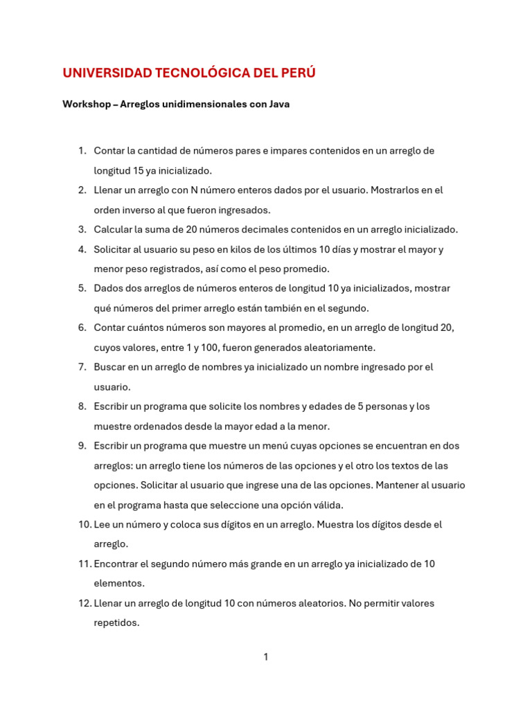Workshop - Arreglos Unidimensionales Con Java | PDF