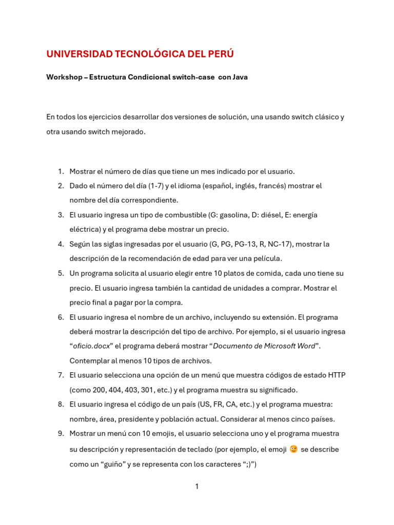 Workshop - Estructura Condicional Switch-Case Con Java | PDF