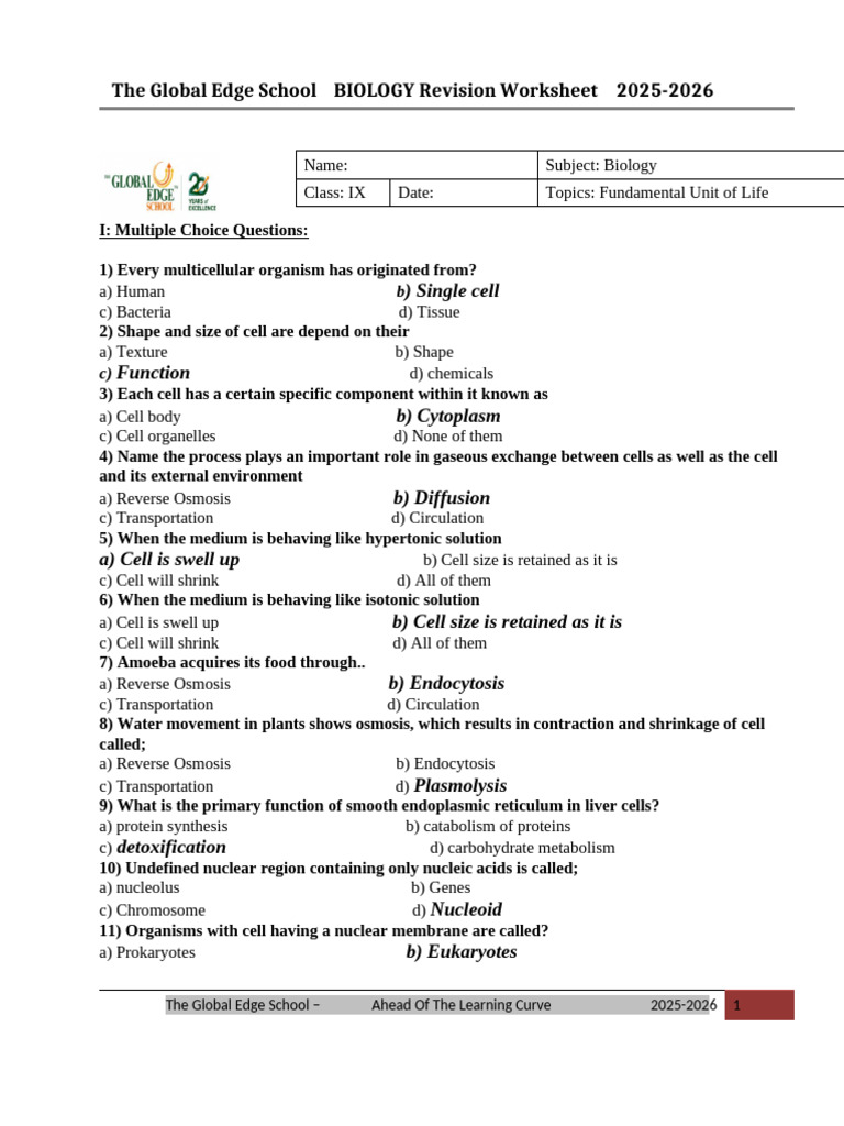9 Fundamental Unit of Life ANSWER KEY | PDF | Cell (Biology ...