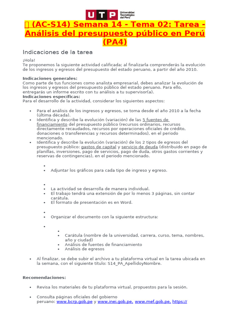 ? (AC-S14) Semana 14 - Tema 02 Tarea - Análisis del presupuesto público en Perú (PA4) - MICRO Y ...