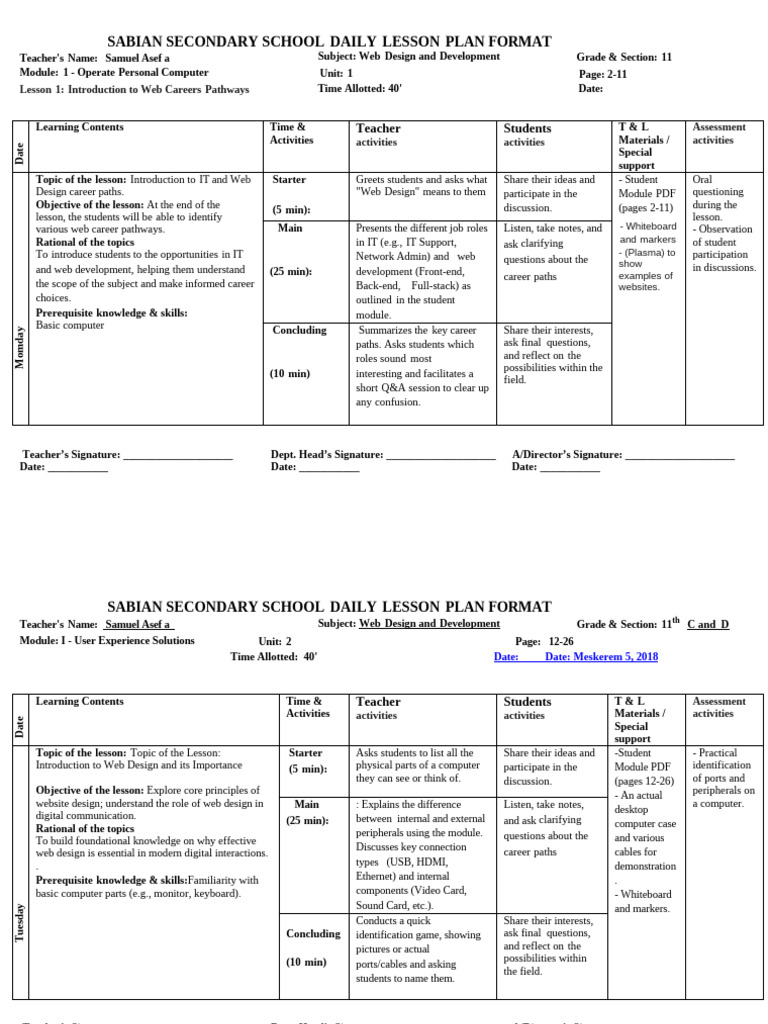 sample lesson plan | PDF | Lesson Plan | Web Design