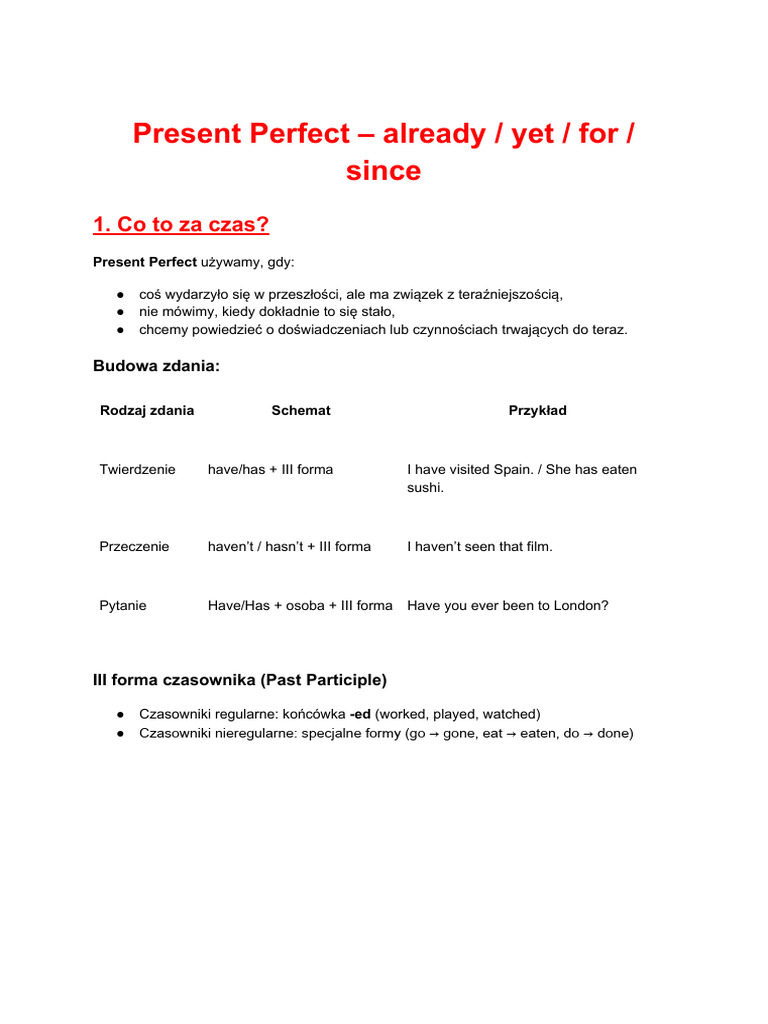 Present Perfect - Already - Yet - For - Since | PDF