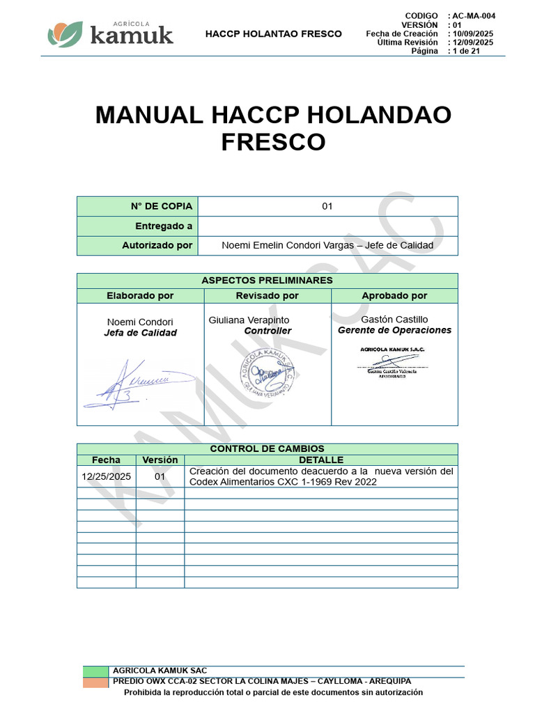 AC-MA-004 HACCP HOLANTAO FRESCO v6 | PDF | Calidad (comercial ...