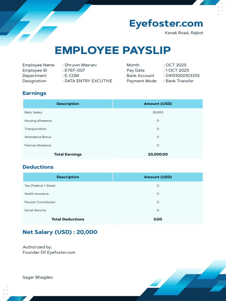 White and Blue Modern Corporate Employee Payslip A4 | PDF