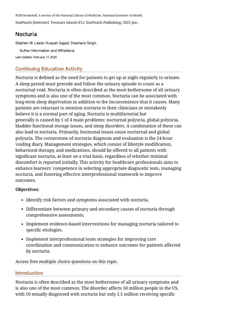 Nocturia - StatPearls - NCBI Bookshelf | PDF | Urinary Incontinence ...