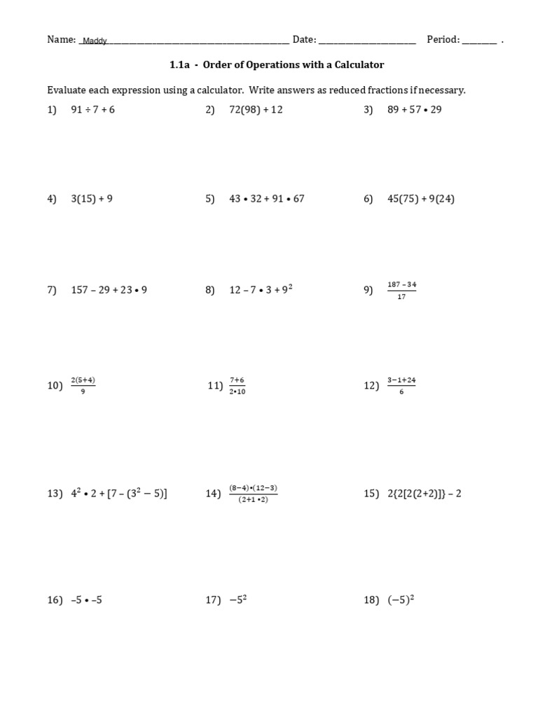 Calculator Order of Operations Exercises | PDF