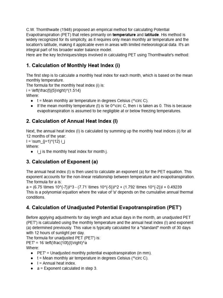 Thornthwaite's Method for PET Calculation | PDF | Evapotranspiration ...
