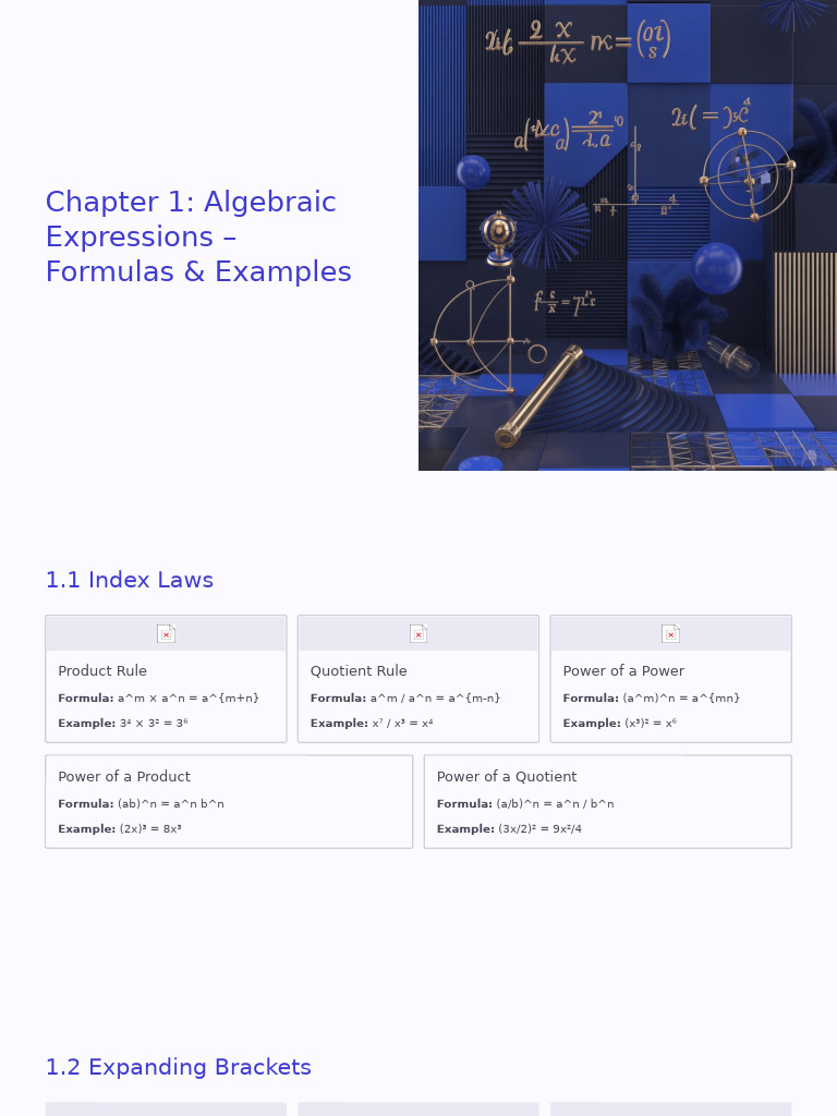 Chapter 1 Algebraic Expressions Formulas and Examples | PDF