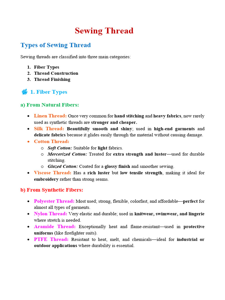 Types and Properties of Sewing Thread | PDF | Yarn | Fibers