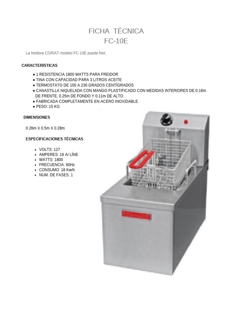 Ficha Técnica Freidora Coriat Fc-_10_e | PDF