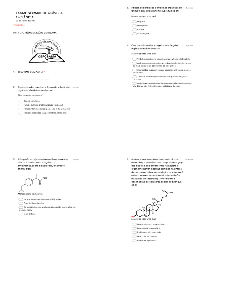 Exame de Química Orgânica - Cefosama | PDF | Compostos orgânicos | Aldeído
