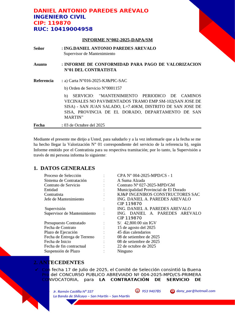 Informe #002-2025-Dapa-Sm - Conformidad A Valo N°01 | PDF | Ingeniero civil