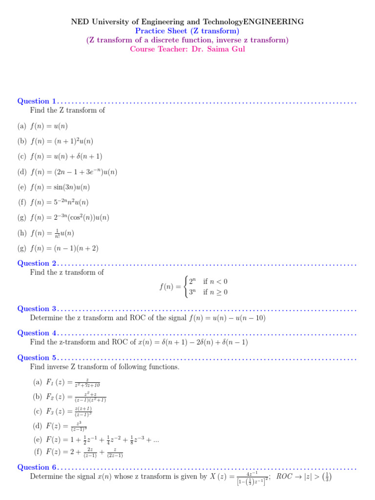 Z Transform Practice Sheet | PDF | Mathematical Objects | Mathematical ...