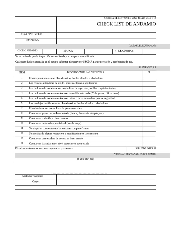 Inspección Andamios Acrow: Checklist SSOMA | PDF