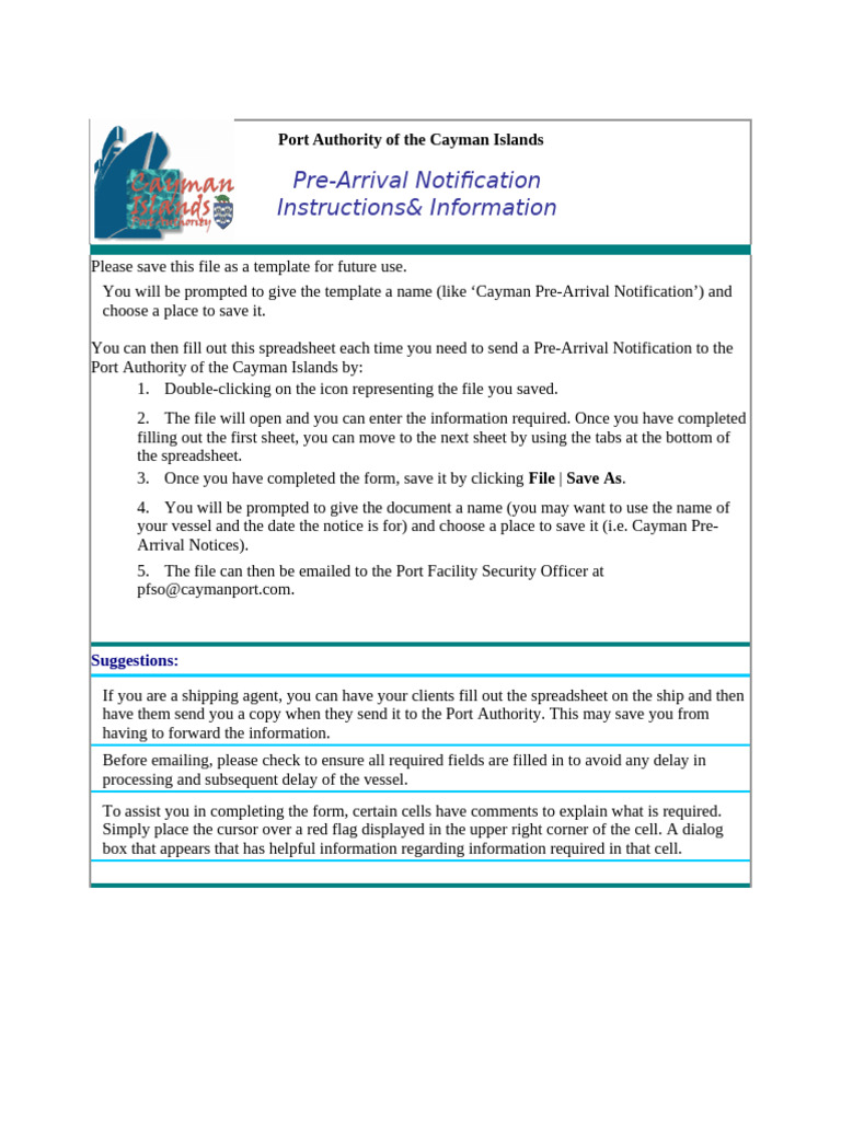 Cayman Islands Pre-Arrival Notification Guide | PDF | Spreadsheet | Ships