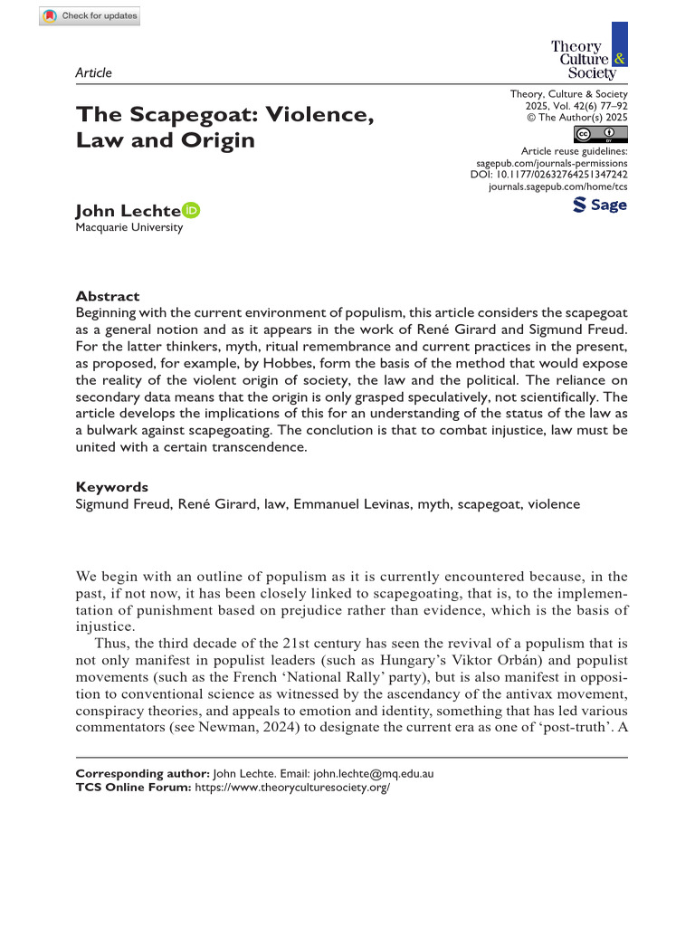 John Lechte: The Scapegoat: Violence, Law and Origin | PDF | Sigmund ...