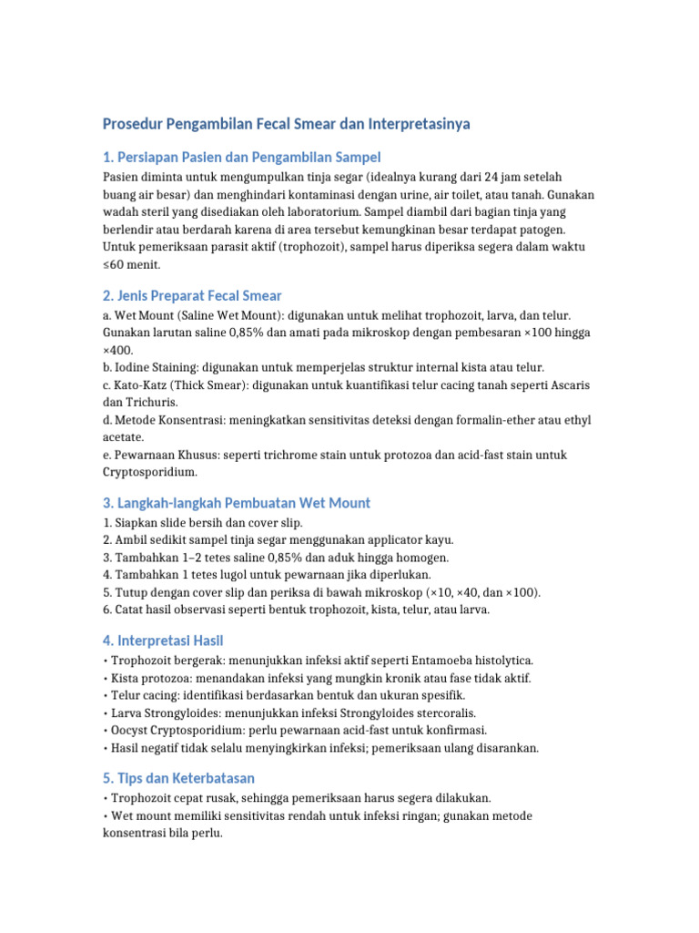 Fecal Smear Procedure and Interpretation | PDF