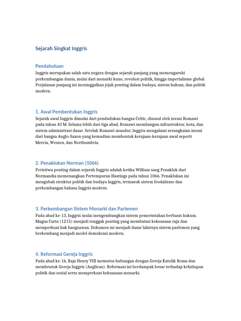 Sejarah Singkat Inggris: Dari Kuno ke Modern | PDF