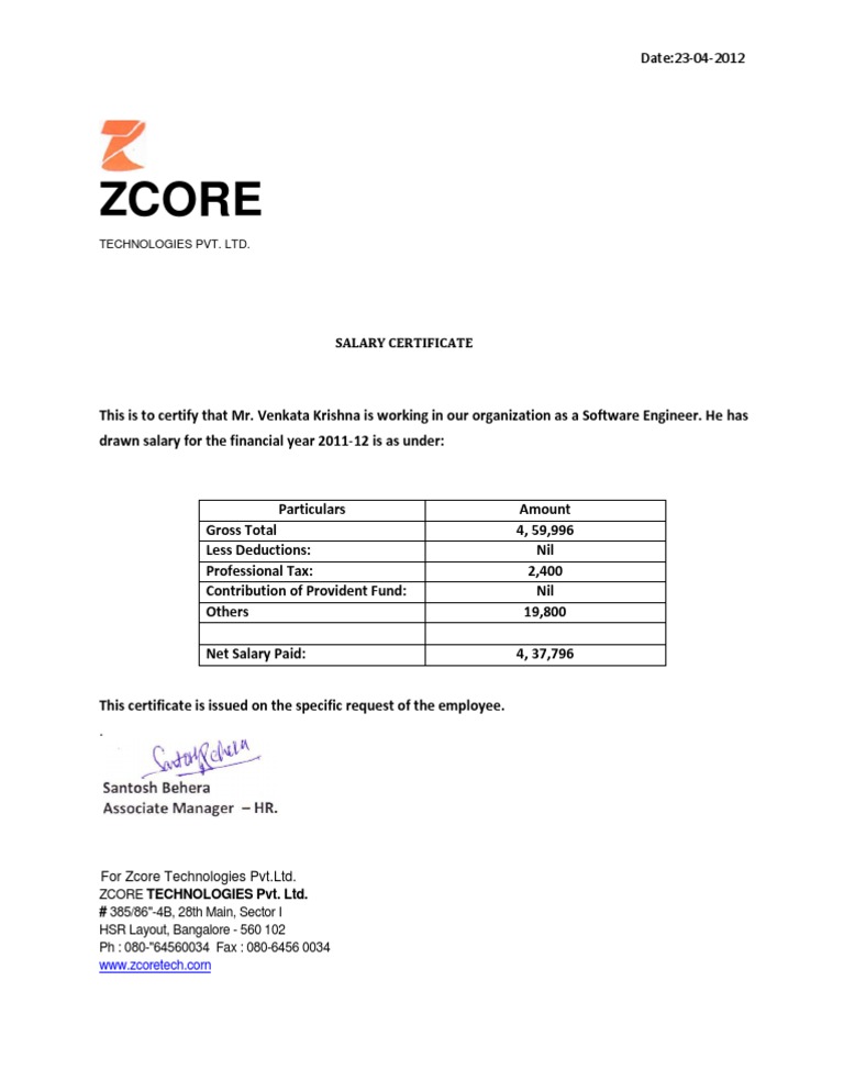 Salary Certificate for Employee | PDF