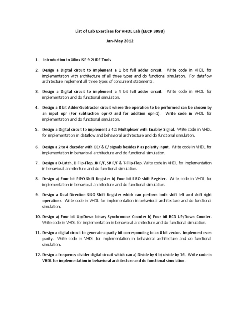 List of Lab Exercises For VHDL Lab | PDF | Vhdl | Computer Architecture List of Lab Exercises For VHDL Lab | PDF | Vhdl | Computer Architecture