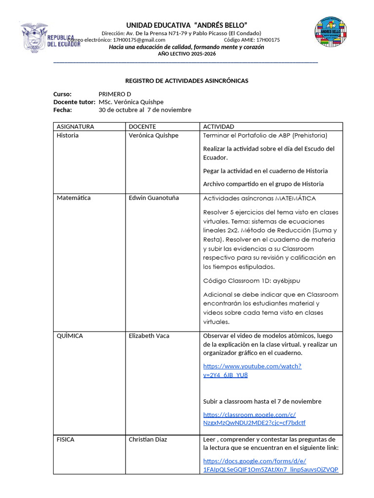 Ficha de Registro de Actividades Asincrónicas 1d 29-10 A 14-11 | PDF
