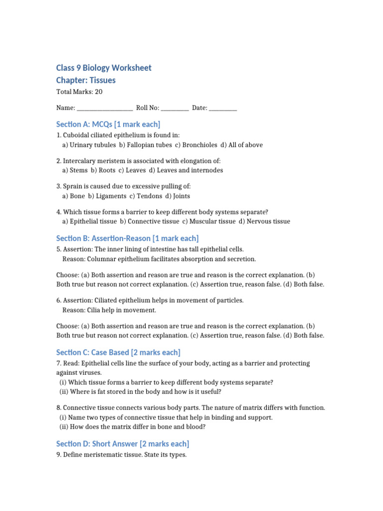 Class9 Tissues Worksheet | PDF