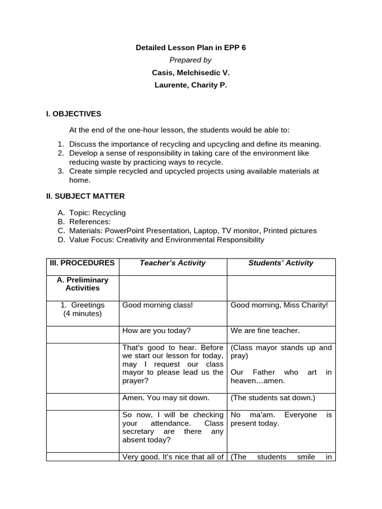 Detailed Lesson Plan In Epp Iv Pdf