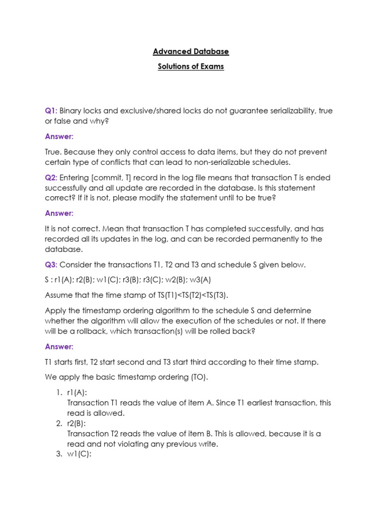 (Solutions of Exams 2) Advanced Database | PDF | Concurrency (Computer Science) | Information ...
