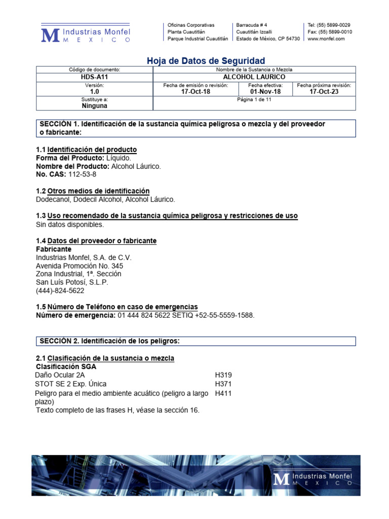 Hoja de Seguridad: Alcohol Laurico HDS-A11 | PDF | Agua | Dióxido de ...