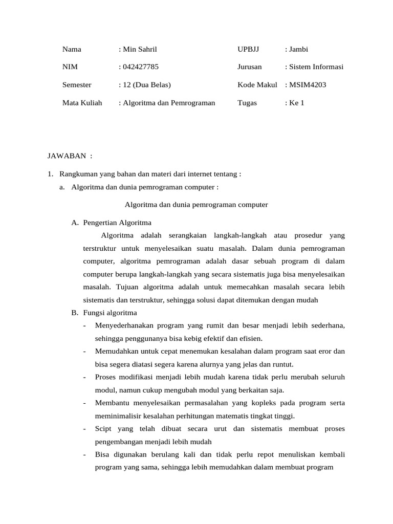 TUGAS 1 MSIM4203 ALGORITMA DAN PEMROGRAMAN | PDF