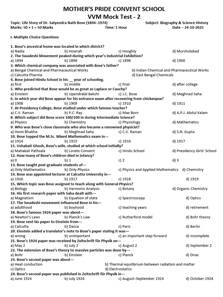 VVM Mock Test - 2 With Answer Key | PDF | Albert Einstein | Quantum ...