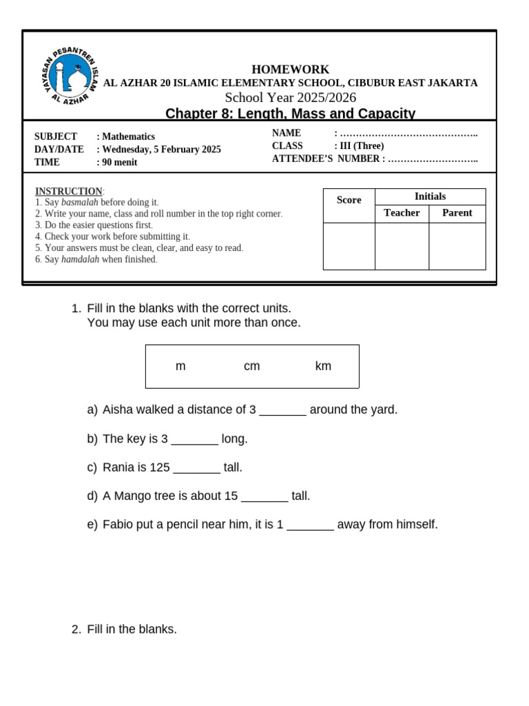 Math Homework Grade 3 Chapter 8 25-26 | PDF