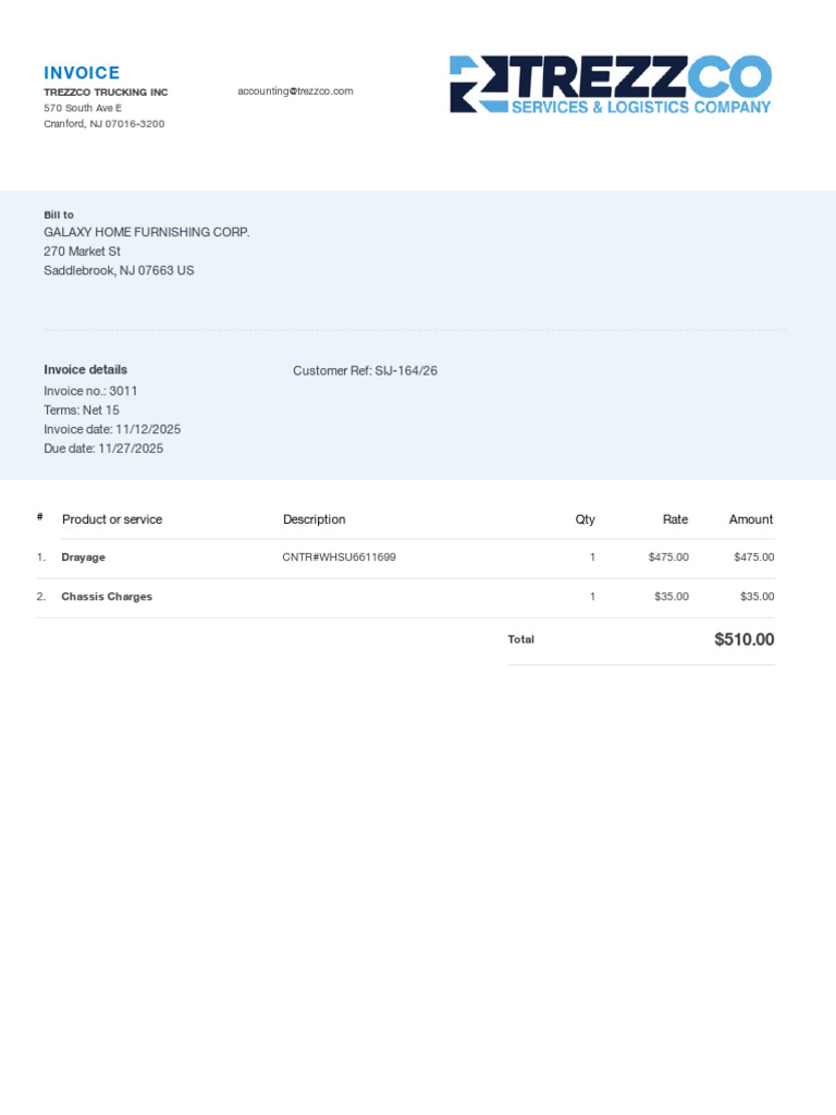 Invoice 3011 From Trezzco Trucking Inc | PDF