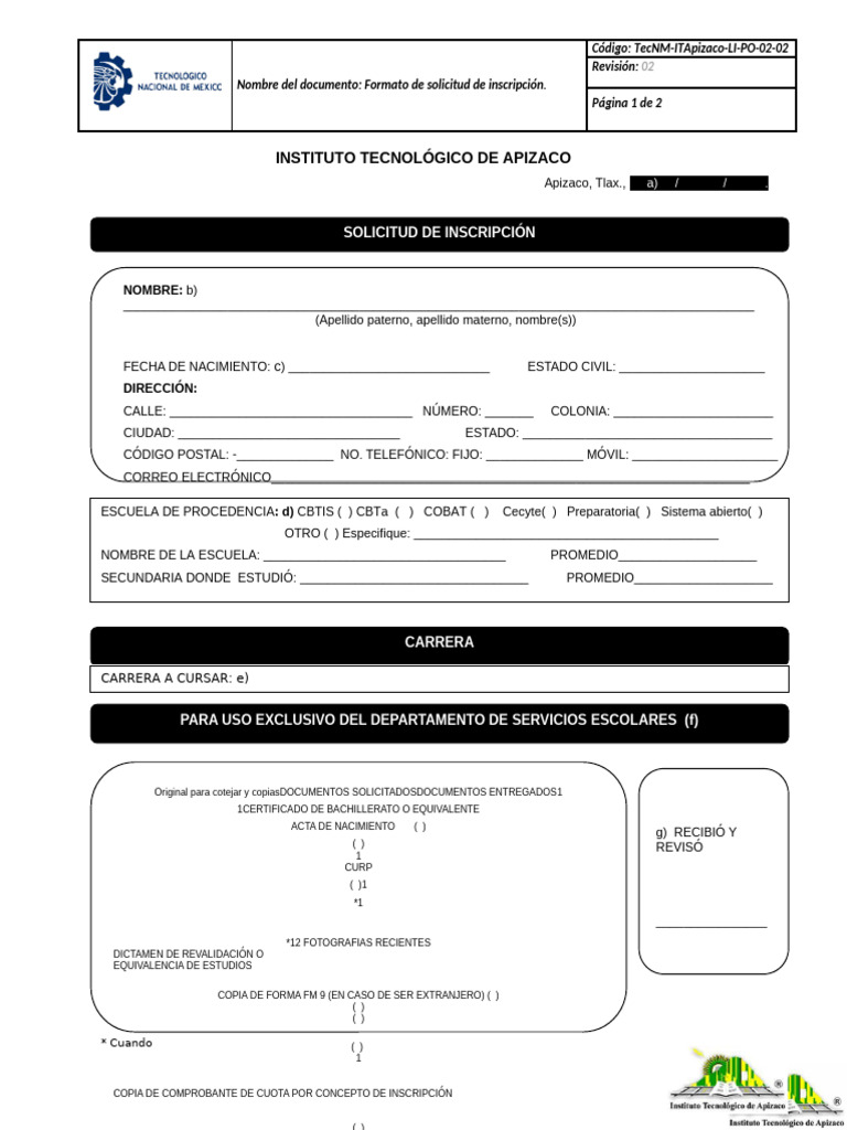 TecNM Apizaco Solicitud DeInscripcion (1) | PDF