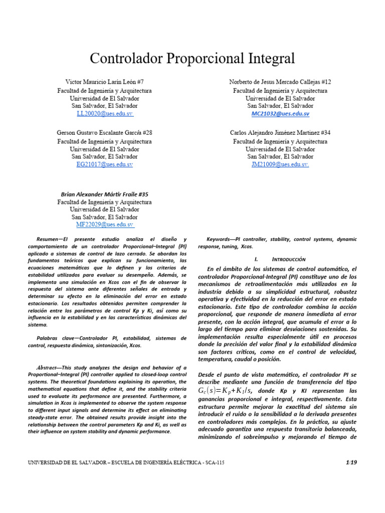 CONTROLADOR PROPORCIONAL INTEGRAL | PDF | Ecuaciones | Sistema de control