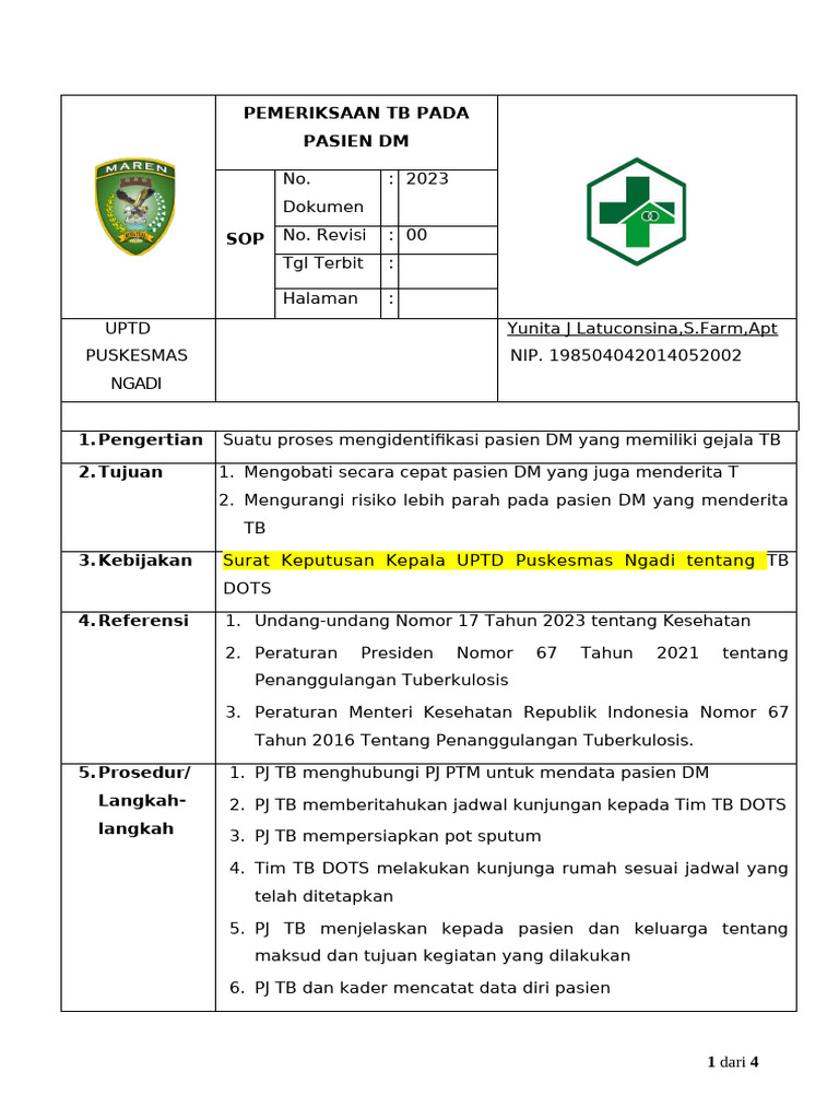 Sop Pemeriksaan TB Pada Pasien DM | PDF