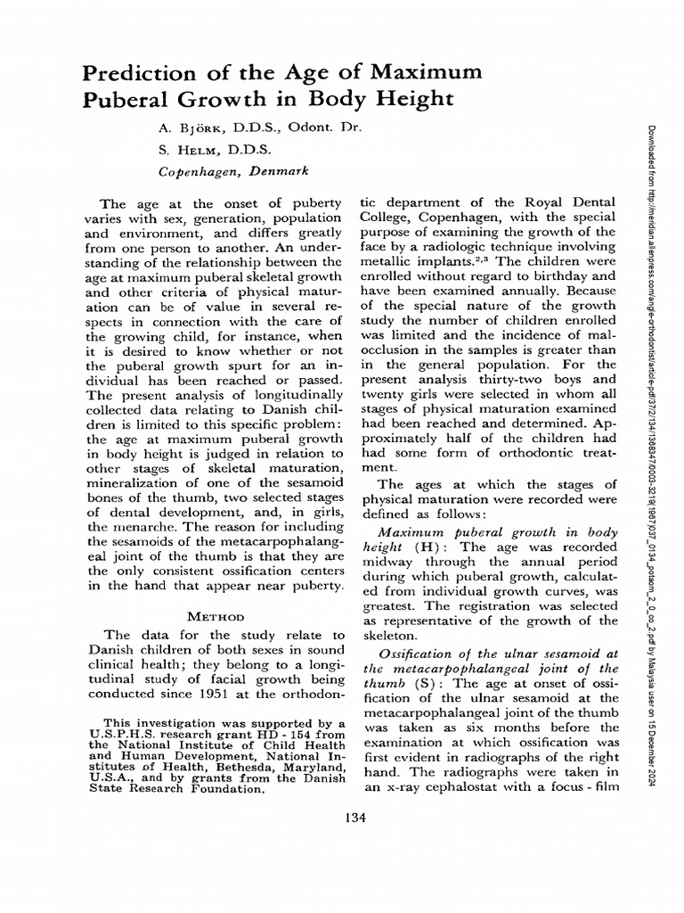 Prediction of The Age of Maximum Pubertal Growth in Body Height | PDF