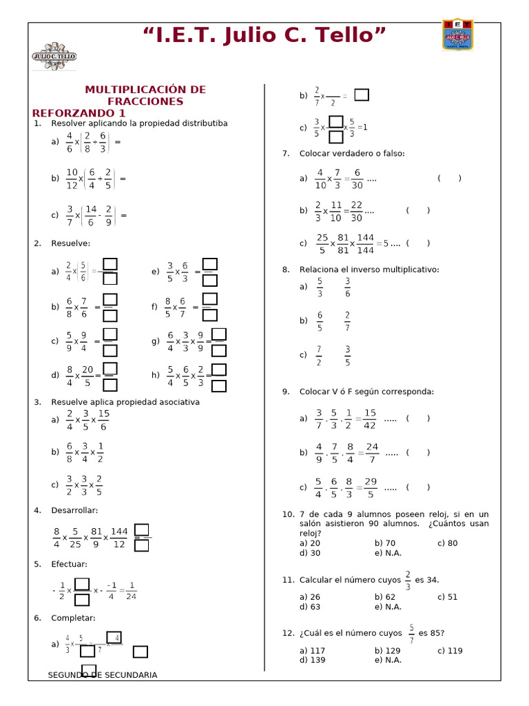 GUIA 3 MULTIPLICACIÓN Y DIVISIÓN DE FRACCIONES 2DO SEC | PDF | Matemáticas
