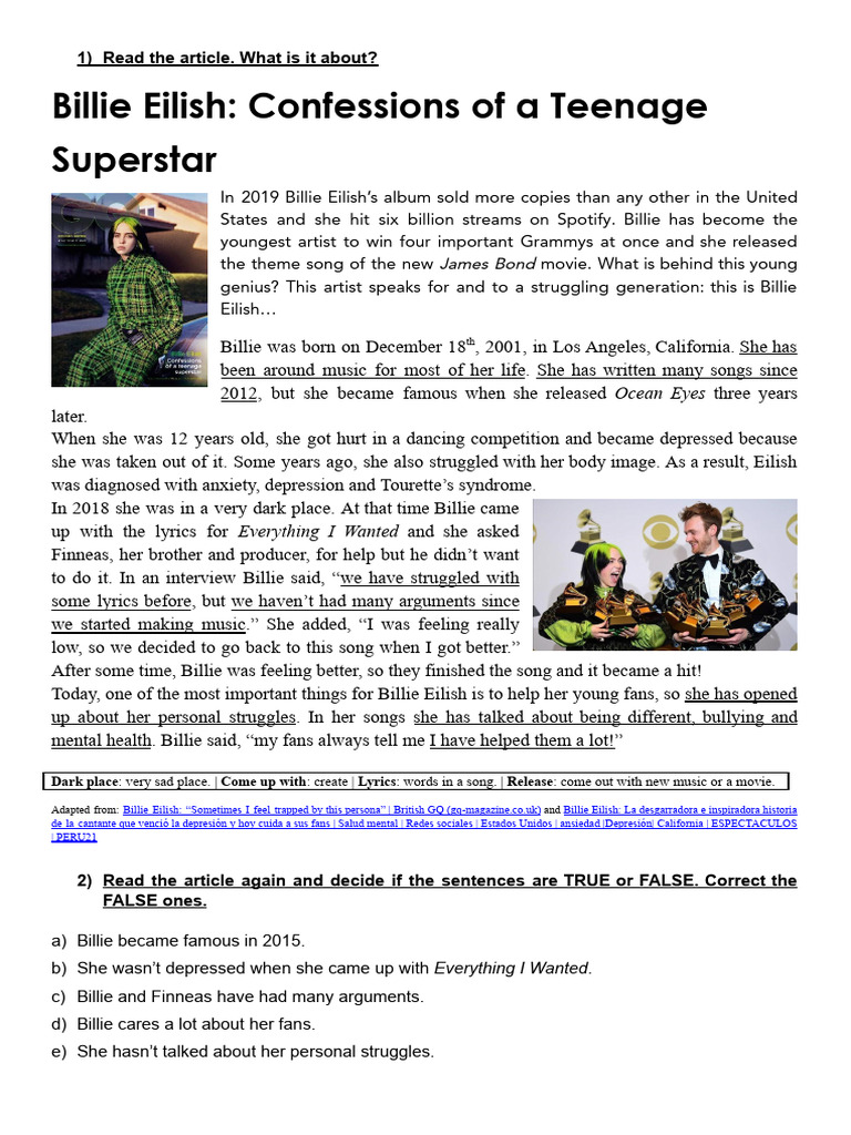LESSON 2 Activity 1 Billie Eilish Reading Comprehension | PDF | Music ...