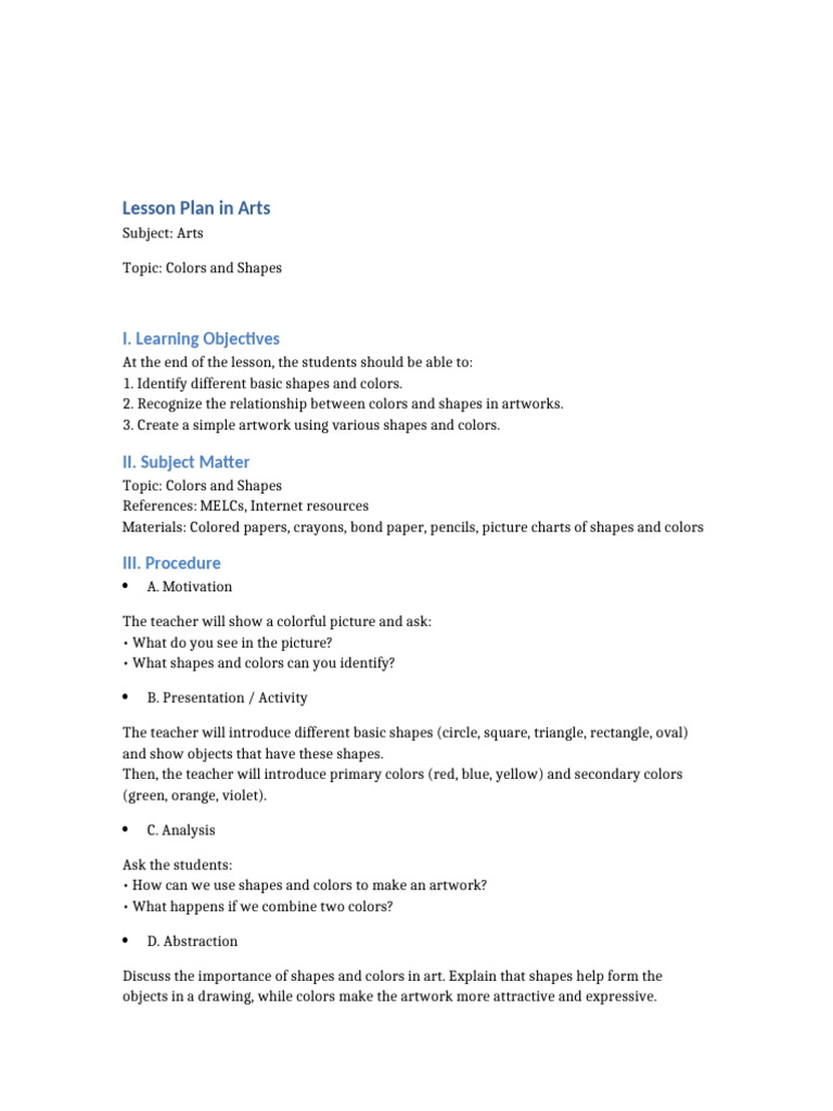 Arts Lesson Plan: Colors & Shapes | PDF