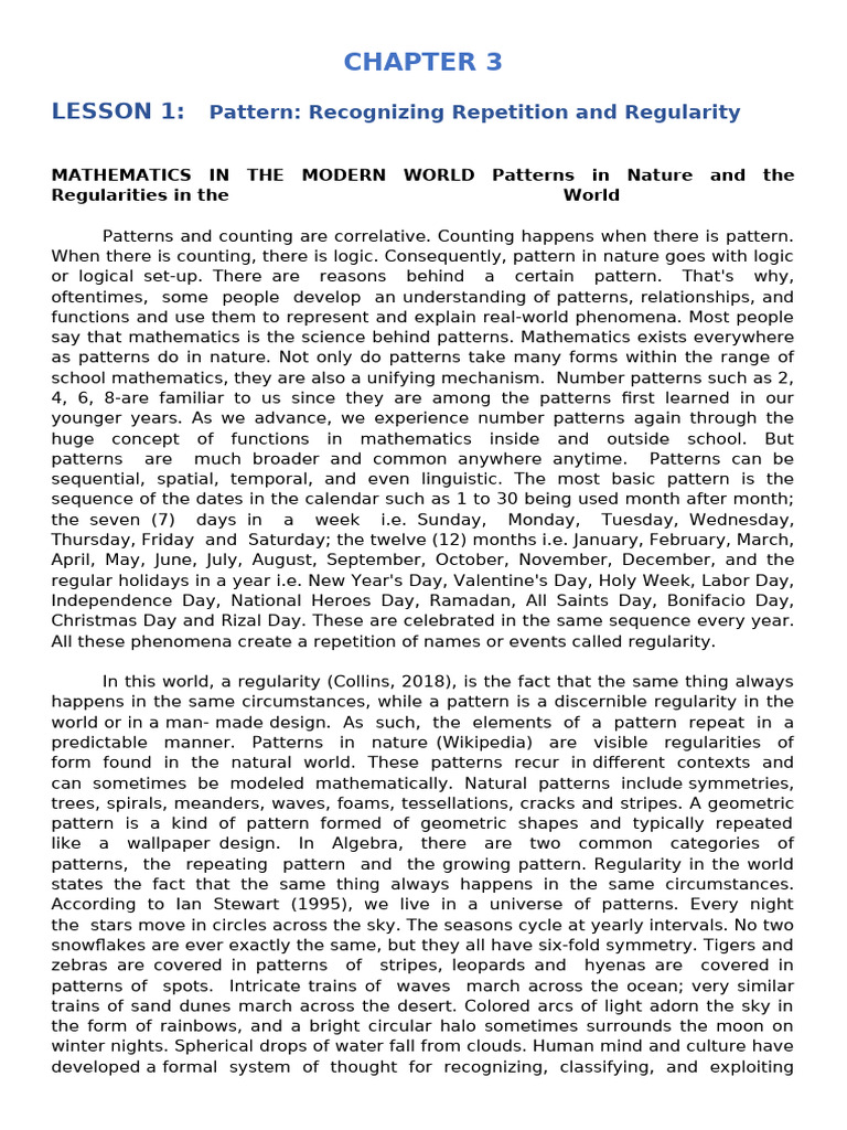Chapter 3 - Lesson 1-3 Topics | PDF | Pattern