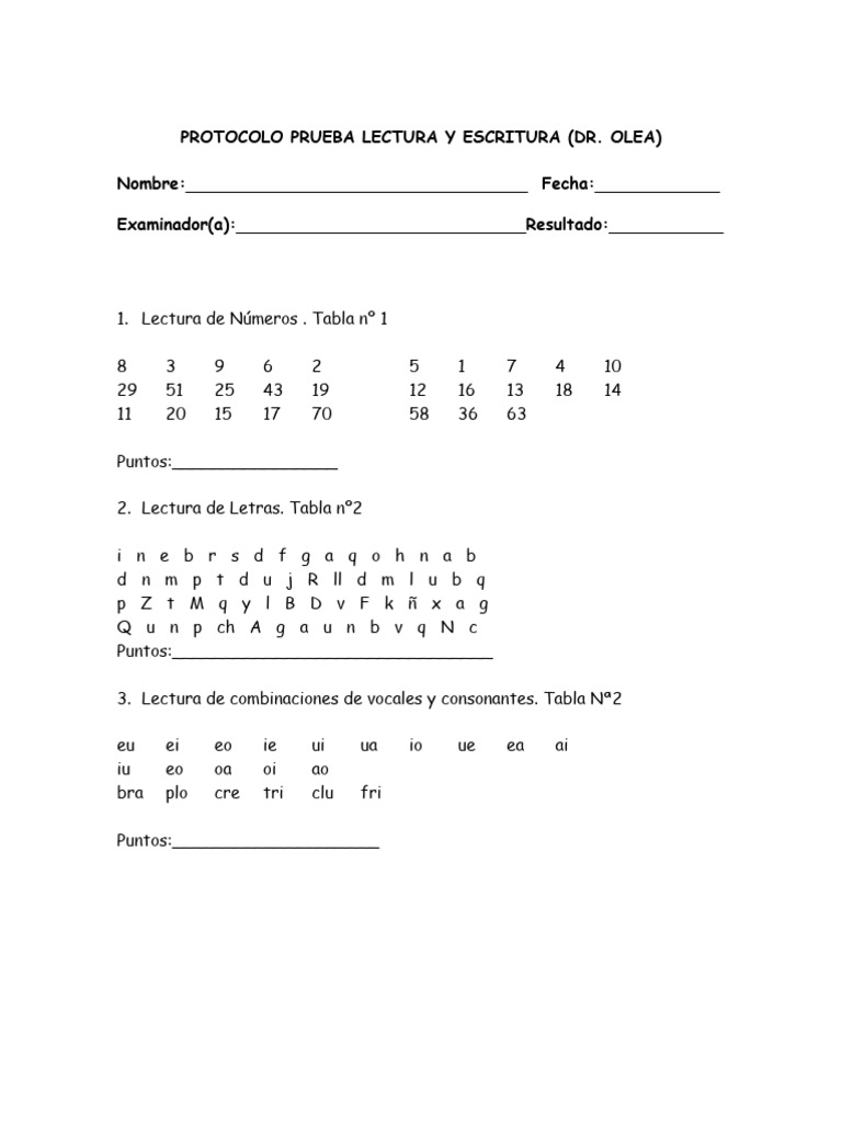 prueba de lectura y escritura | PDF