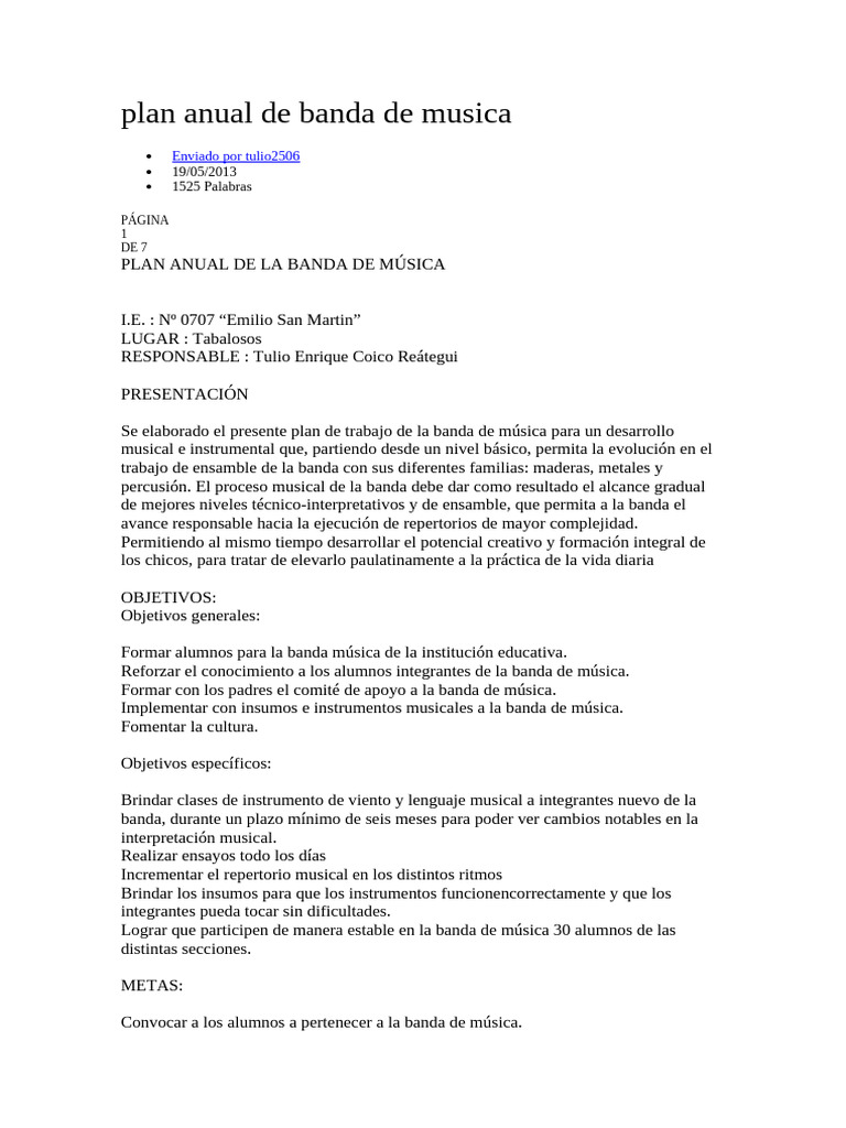 Plan Anual Banda de Música 2013 | PDF | Escala (música) | Maestros