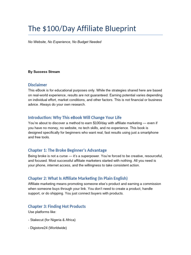 $100Day Affiliate Blueprint SuccessStream | PDF | Marketing | Promotion ...