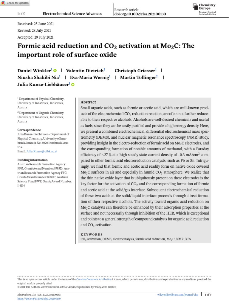 Electrochemical Science Adv - 2021 - Winkler - Formic Acid Reduction ...