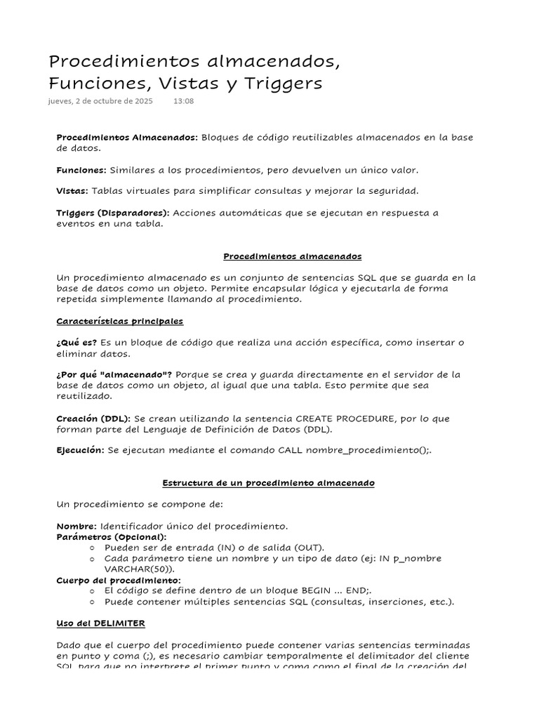 Procedimientos Almacenados, Funciones, Vistas y Triggers | PDF | SQL | Datos