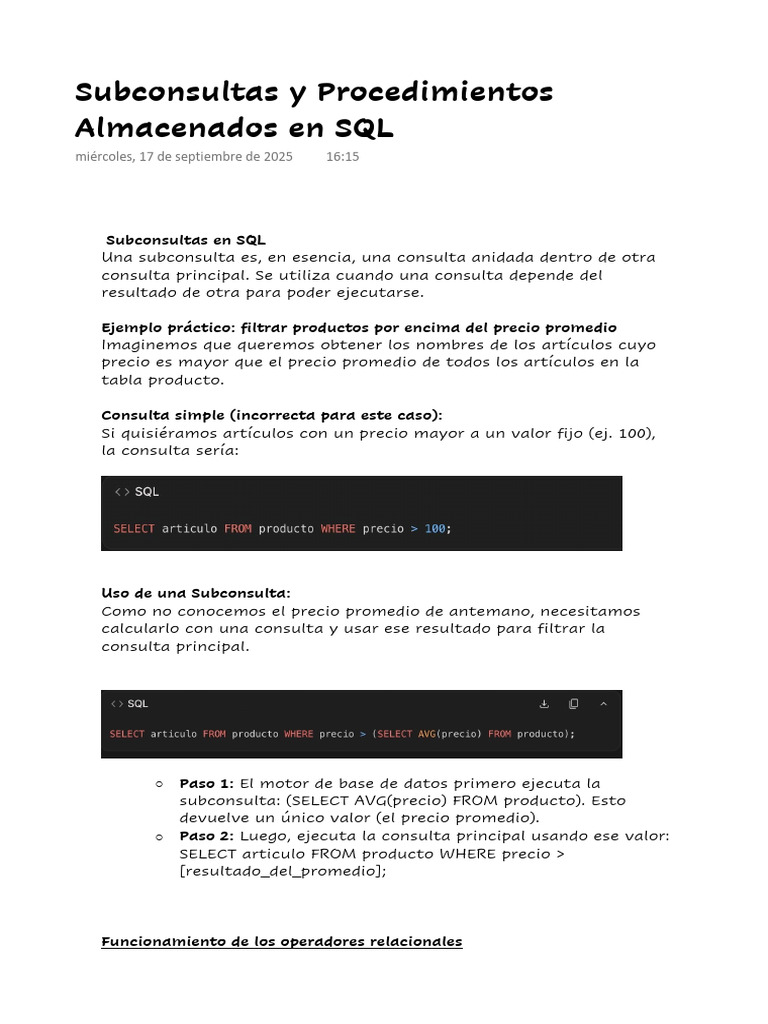 Subconsultas y Procedimientos Almacenados en SQL | PDF | SQL | Gestión de datos