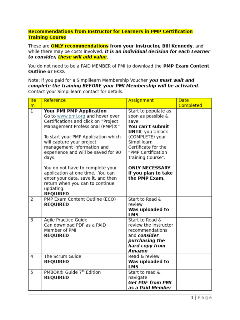 Recommendations From Instructor for Simplilearn Pmp Certification ...
