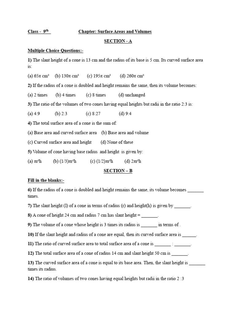Surface Areas and Volume of Cone | PDF | Area | Surface Area